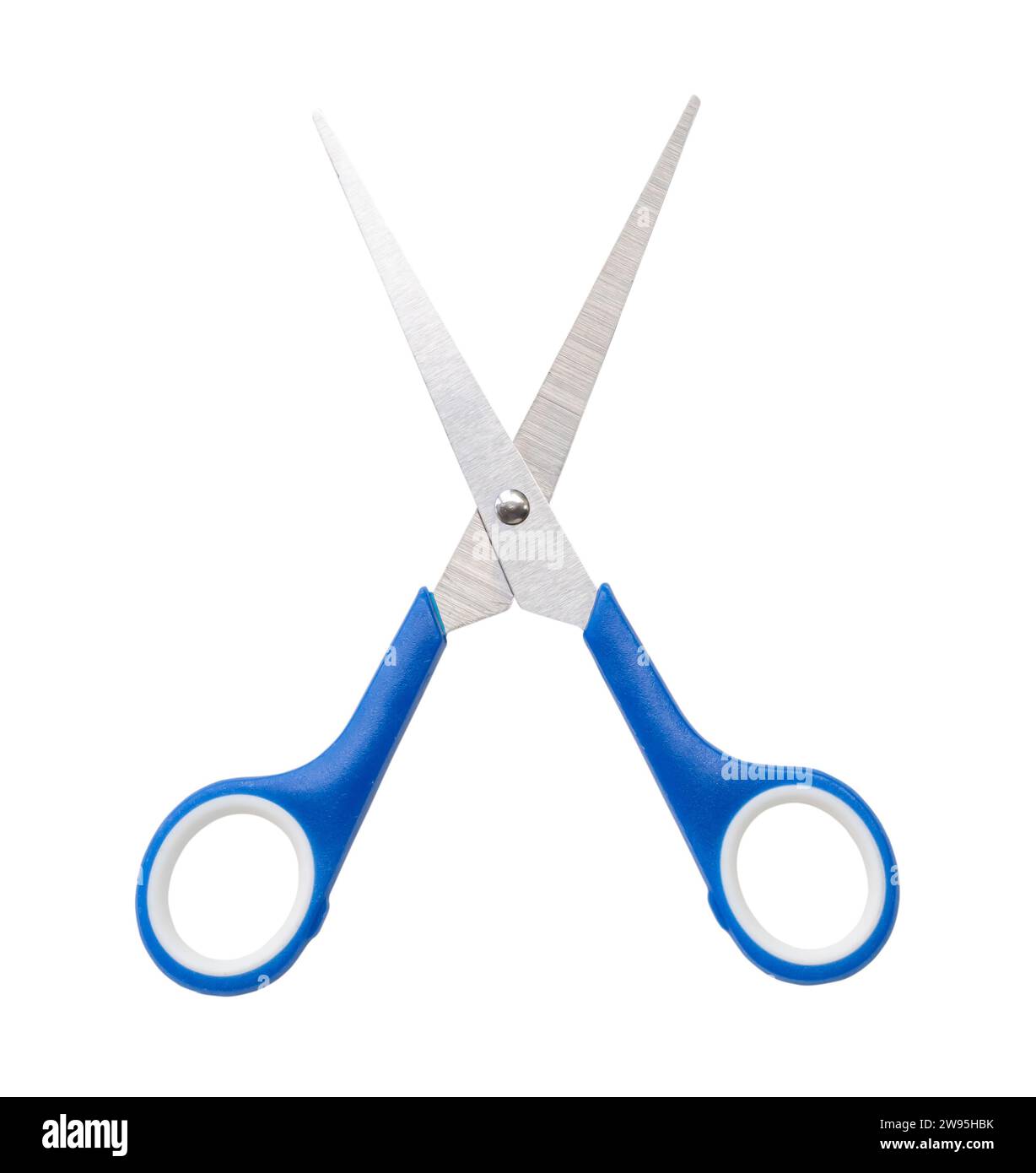Small kid scissors with blue handle is isolated on white background ...