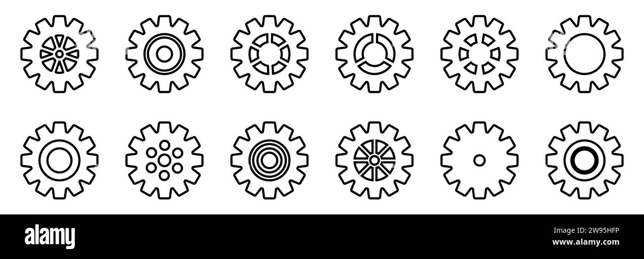 Gears icon set. Setting gears icon. Collection of mechanical outline ...