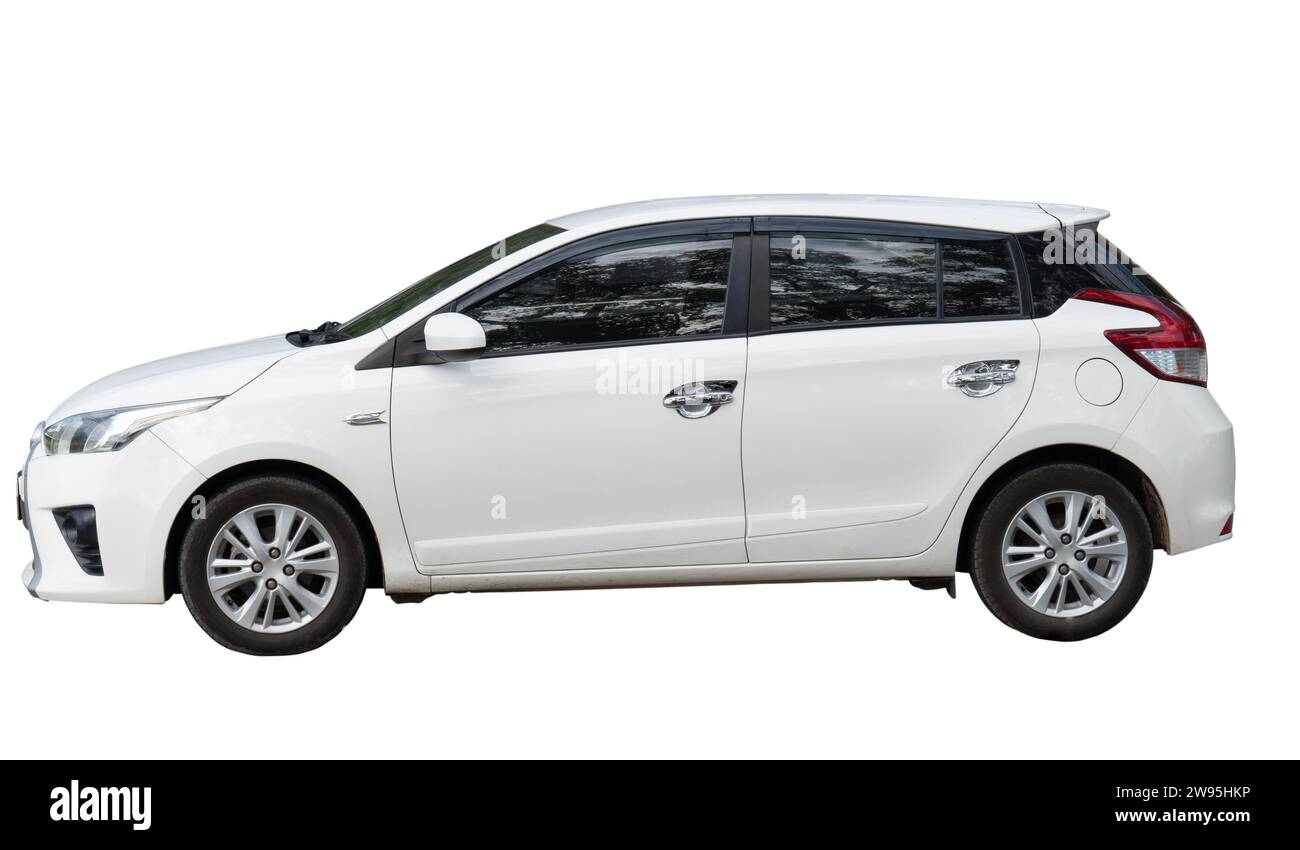 white hatchback car is isolated on white background with clipping path ...