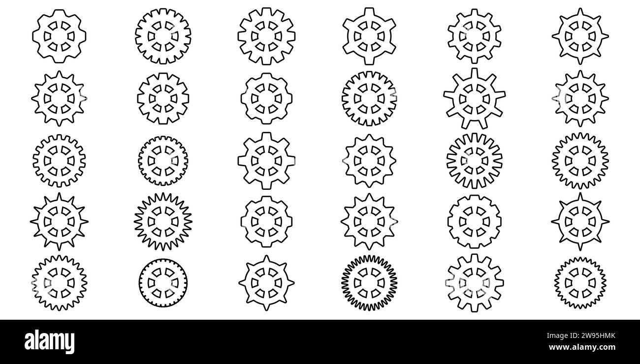 Gears icon set. Setting gears icon. Collection of mechanical outline ...