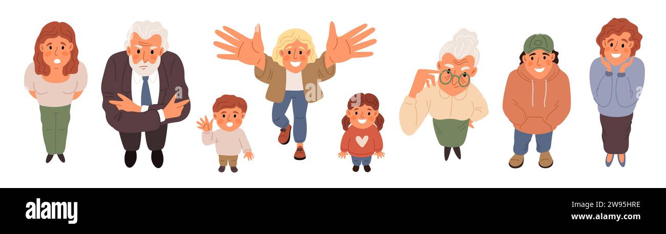 Top view people. Persons looking up. Men and women raised heads ...