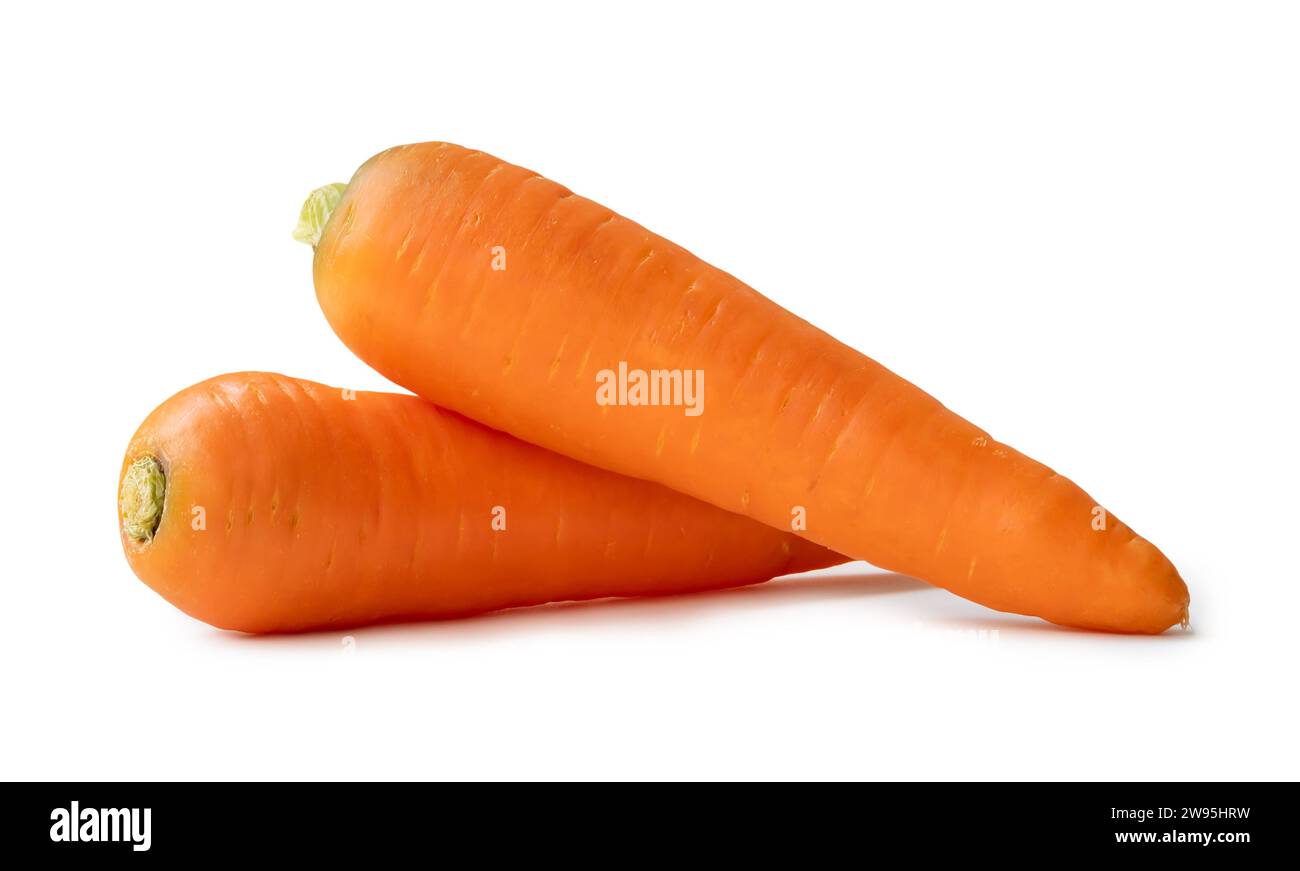 Two fresh orange carrots in stack are isolated on white background with ...