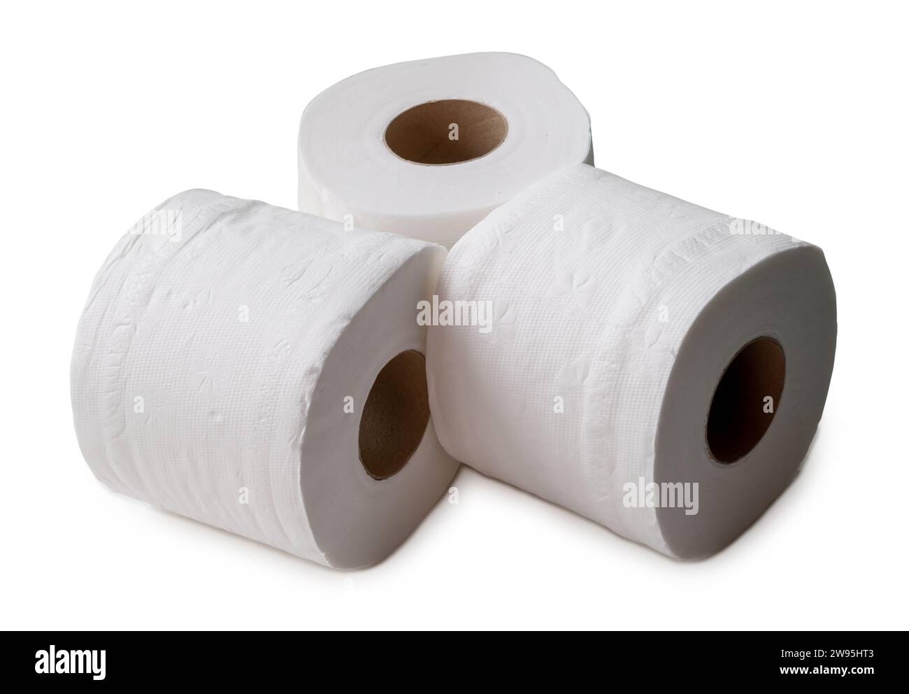 three rolls of white tissue paper or napkin in stack are isolated on ...