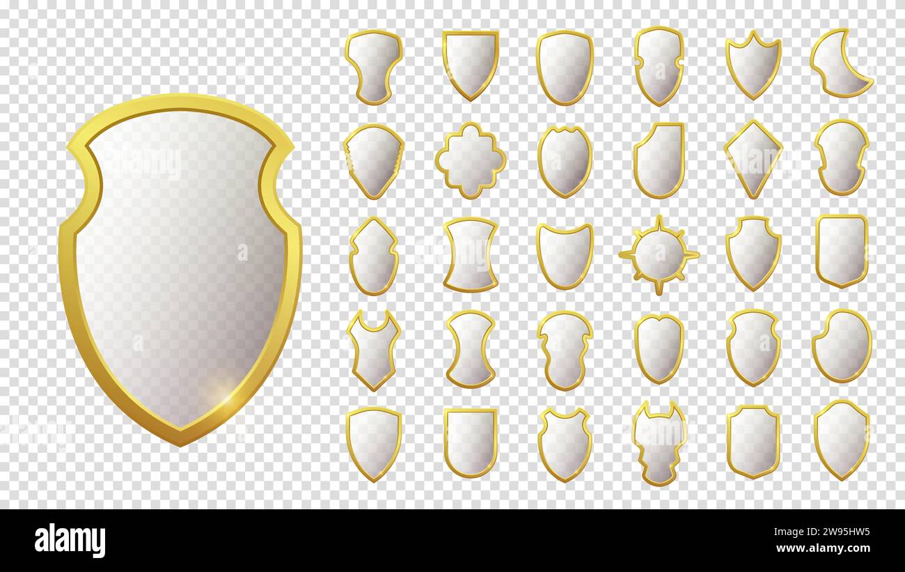 Set of realistic golden heraldic shields. Glass and glossy shield ...