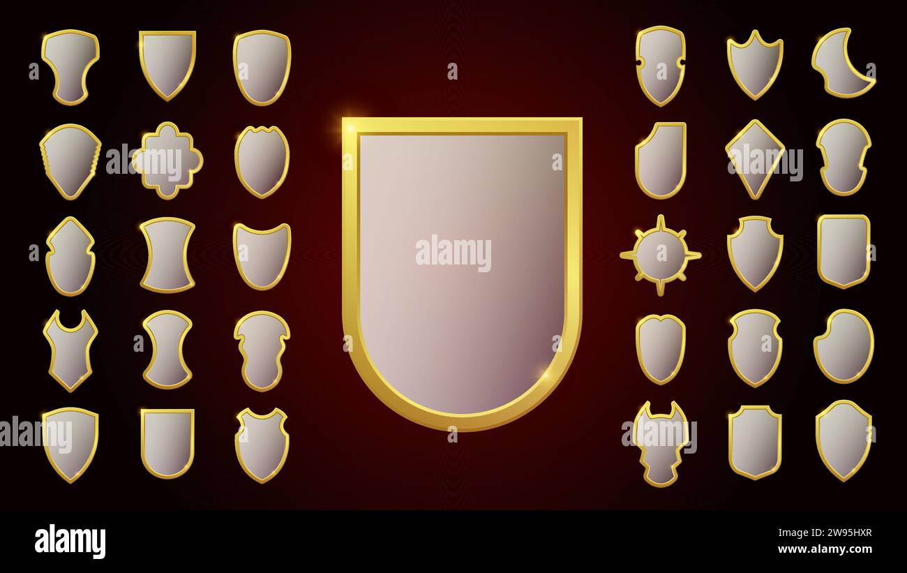 Set of glass glossy realistic golden heraldic shields. Vector ...