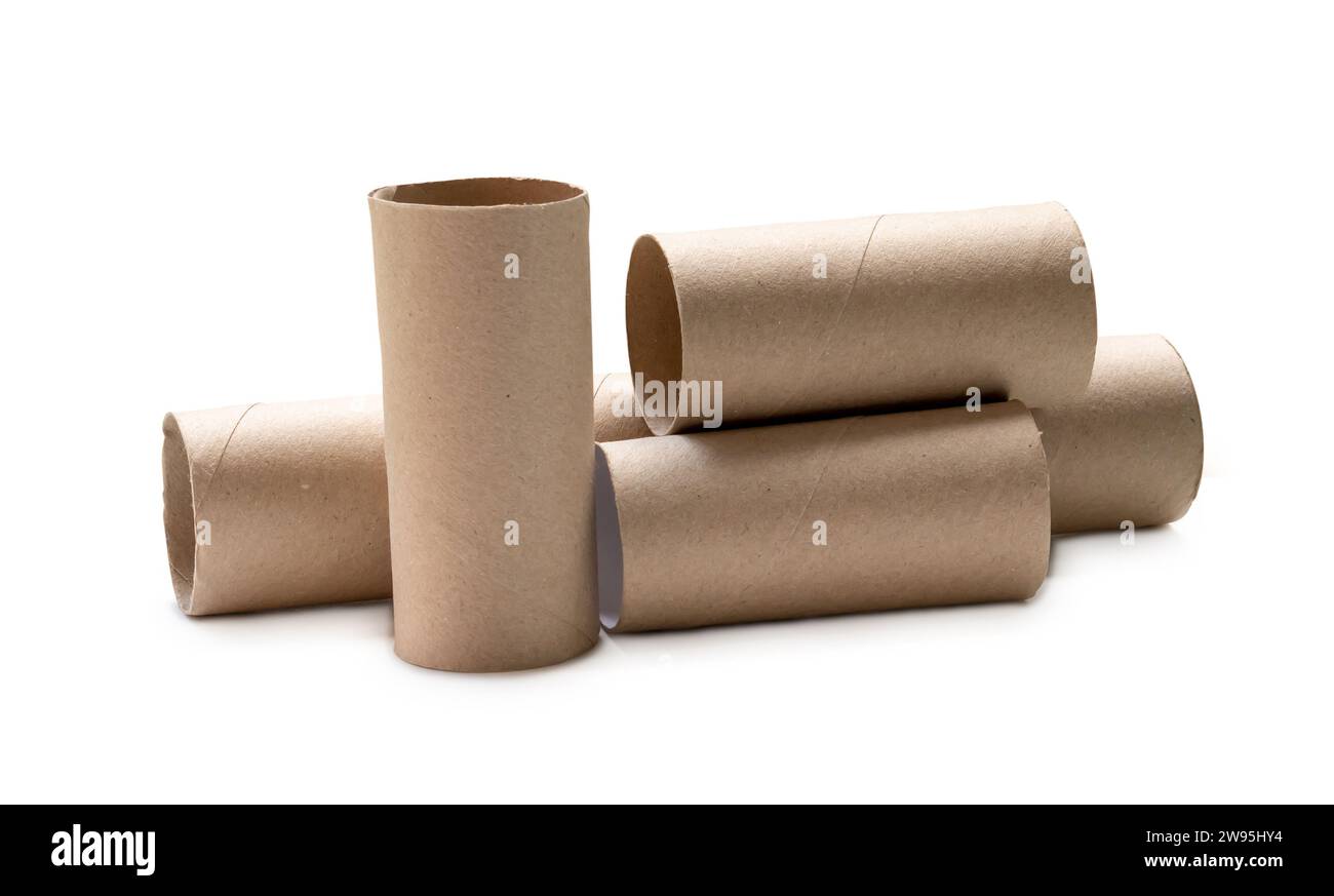 Long and short tissue paper cores in stack are isolated on white ...
