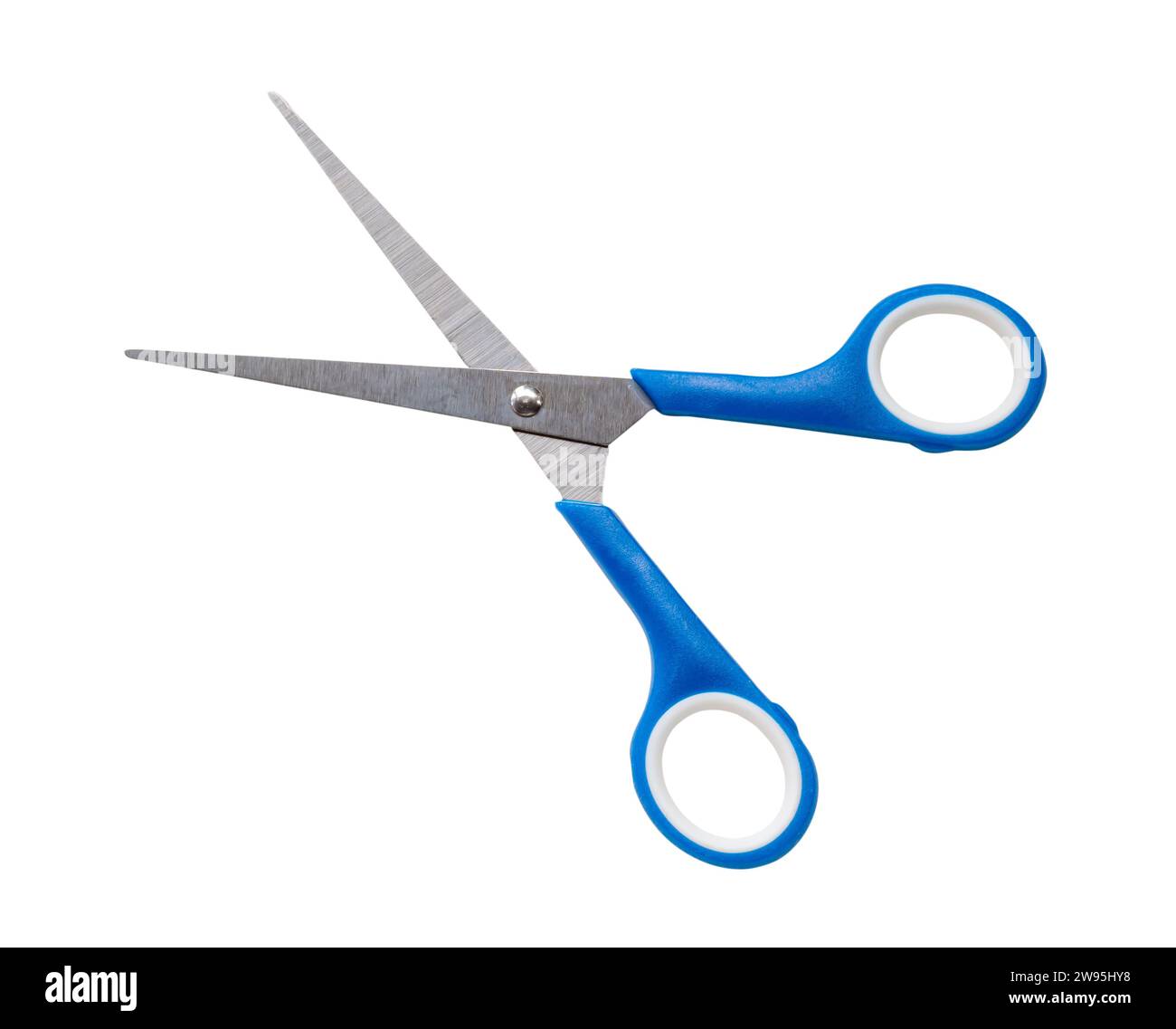 Small kid scissors with blue handle is isolated on white background ...