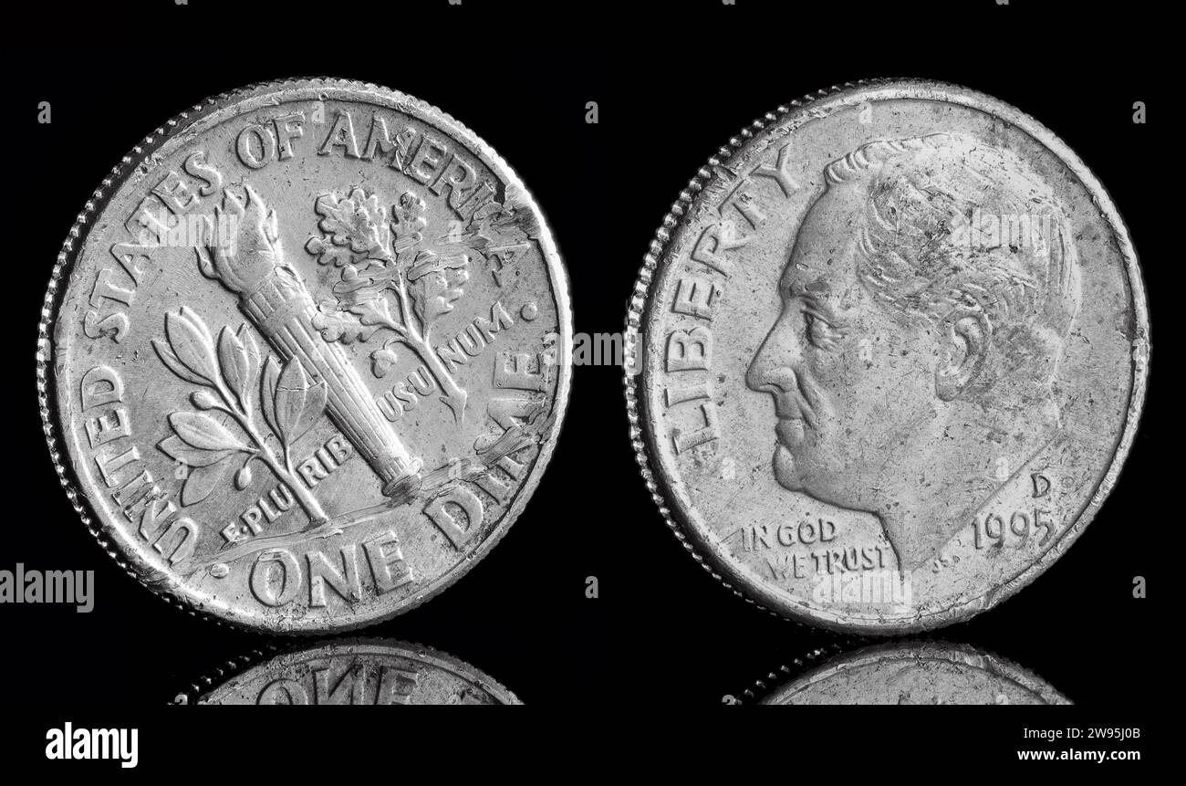 1995 One Dime coin featuring president Roosevelt on the obverse Stock Photo - Alamy