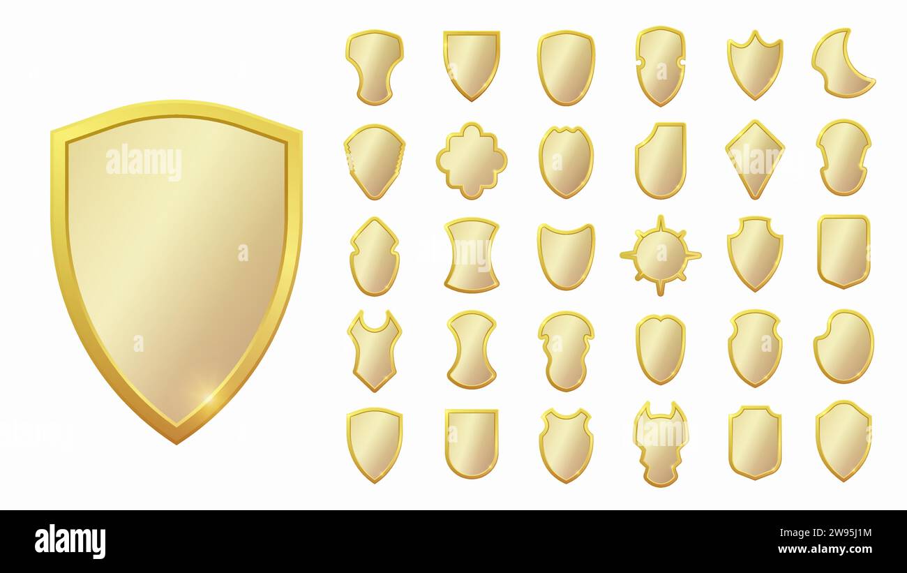 Set of realistic golden heraldic shields. Glass and glossy shield ...