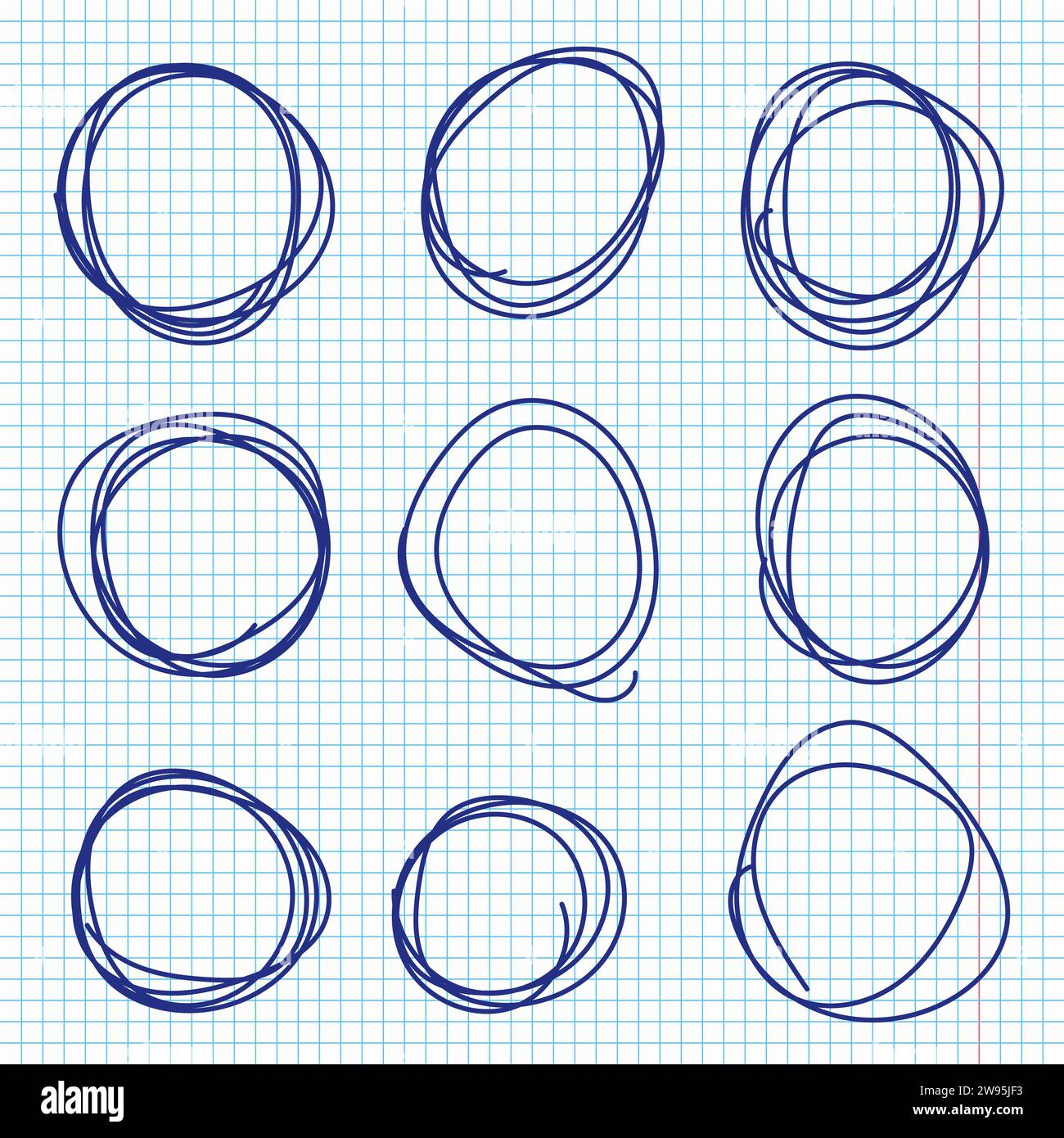Hand drawn pen circles line sketch set on notebook pages. Drawing blue ...