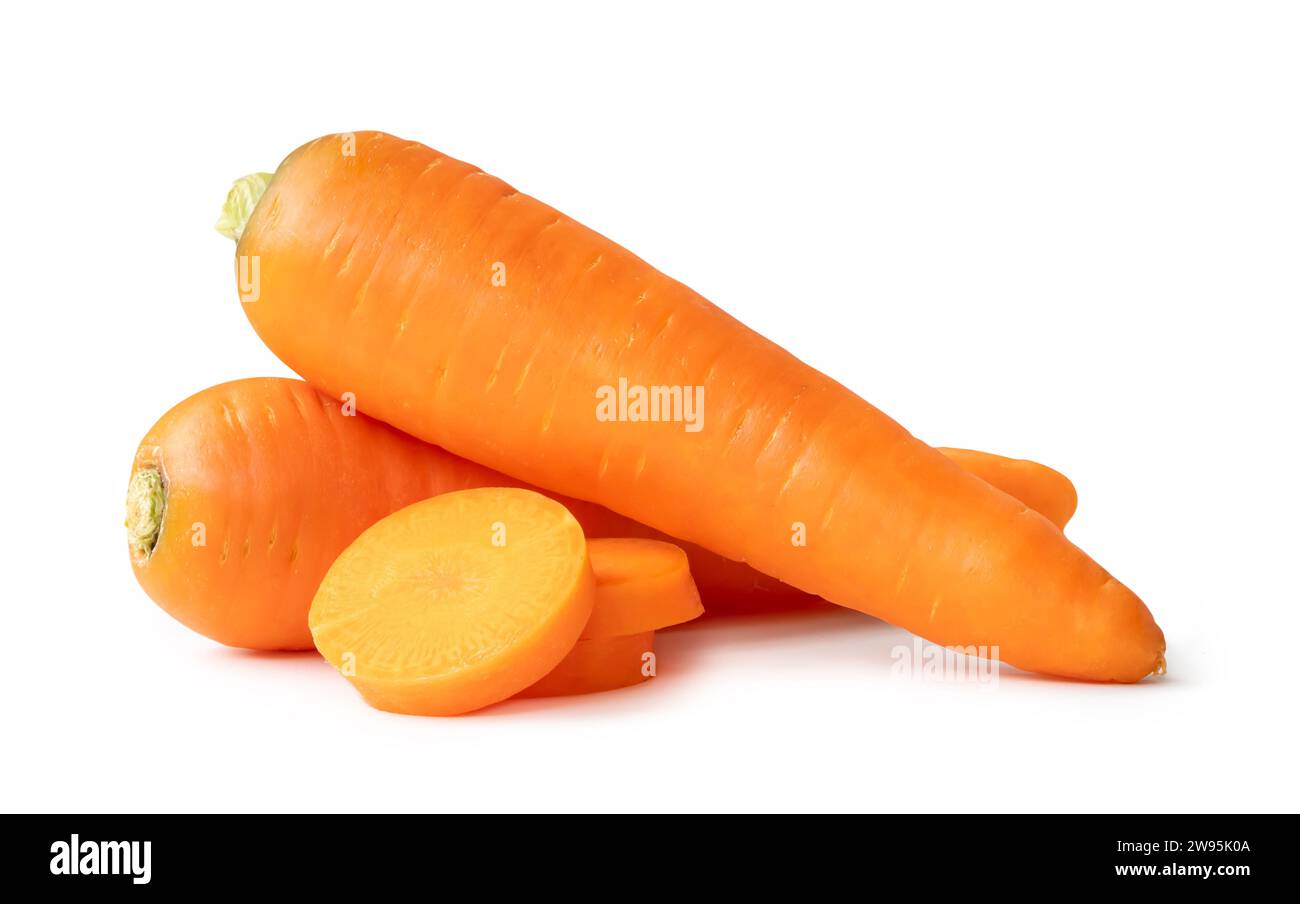 Two fresh orange carrots with slices in stack are isolated on white ...
