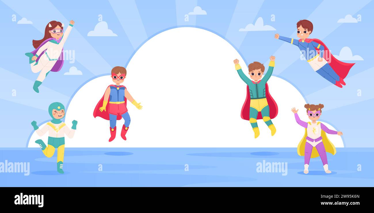 Superhero children poster. Kids wear super costumes and flying ...