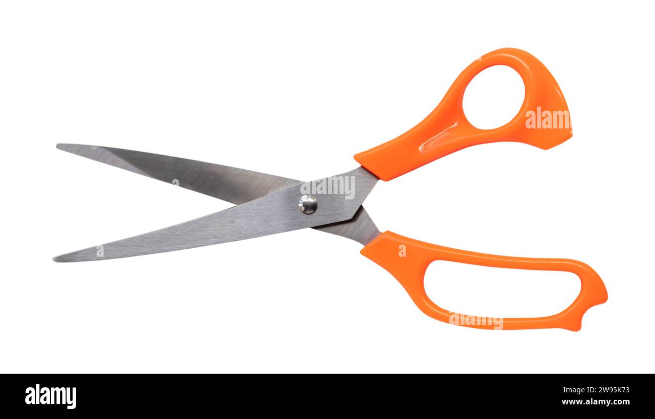 Multipurpose scissors with orange handle is isolated on white ...