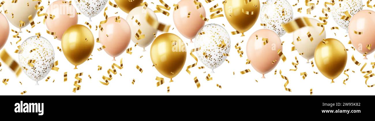 Realistic balloons banner. Seamless pattern gold balloon and confetti ...