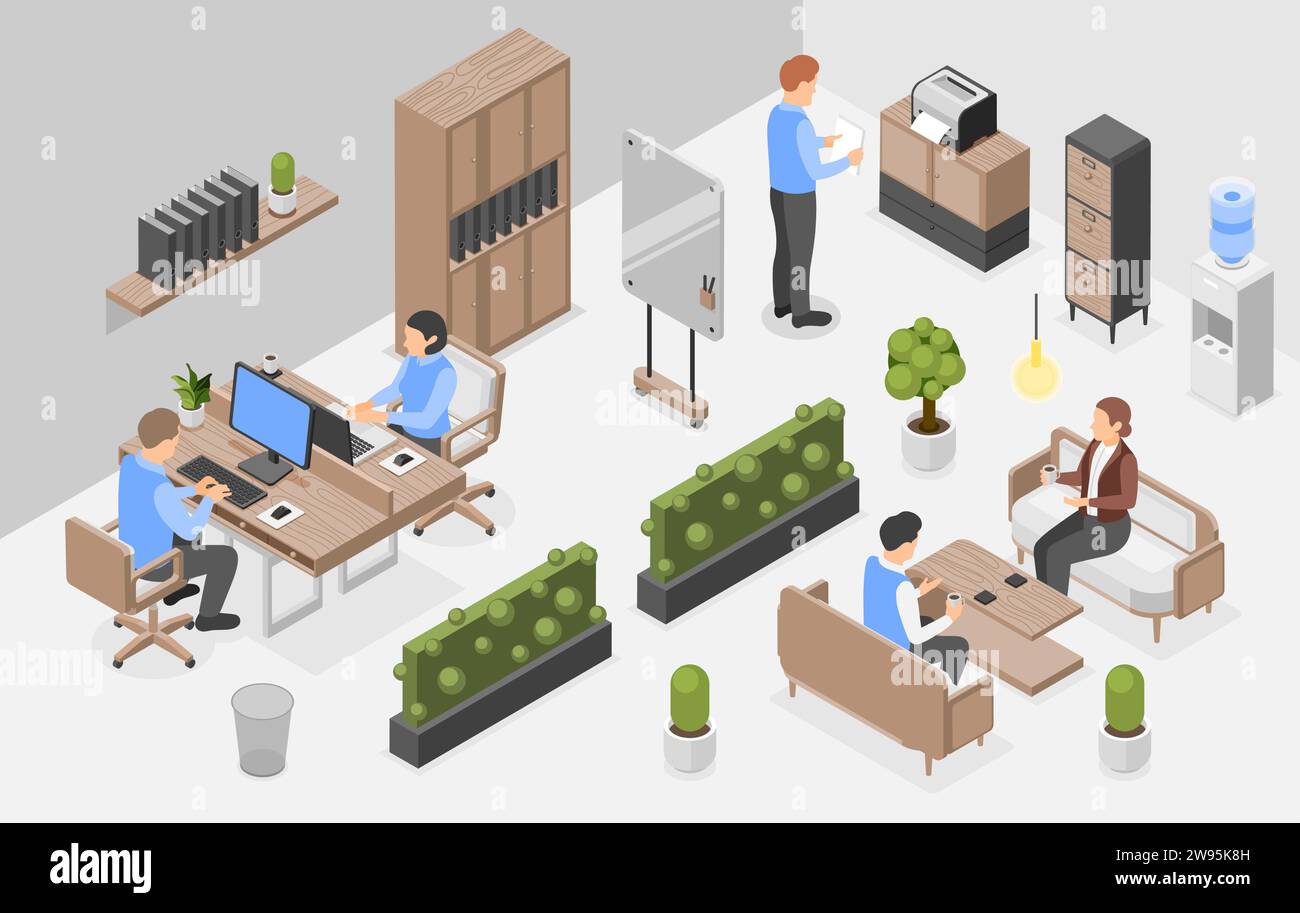 Coworking isometric open office. Managers and clients, business people ...