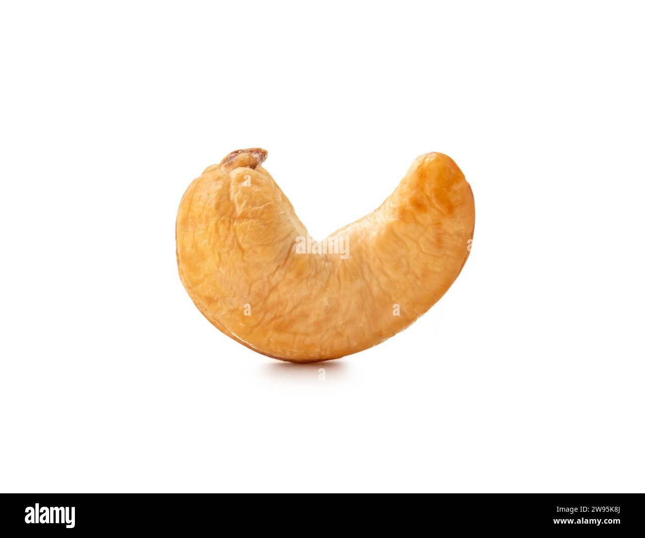 Close up of single roasted peeled cashew nut is isolated on white ...