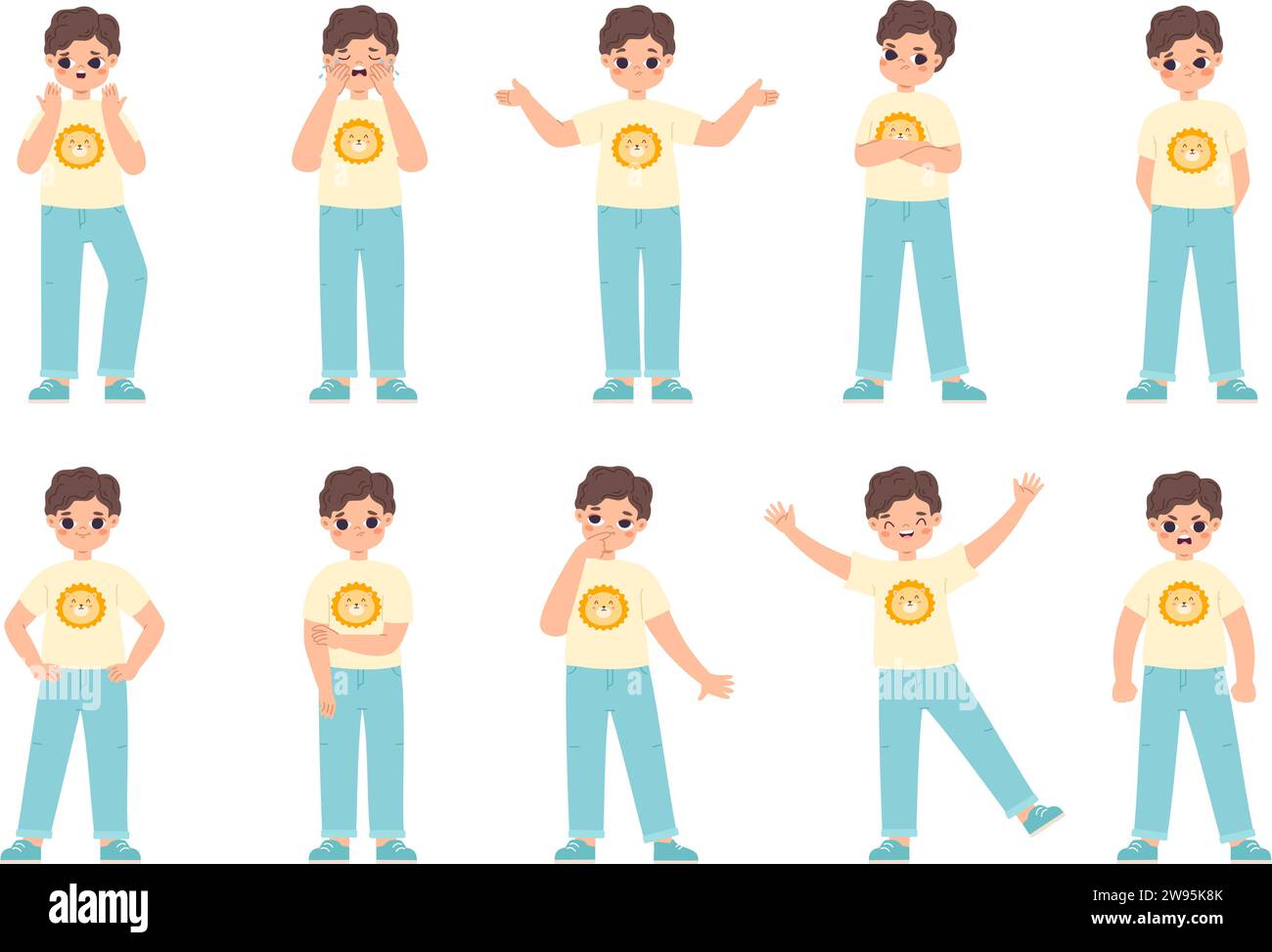 Little funny cartoon boy expressions. Sad and happy, confident and ...