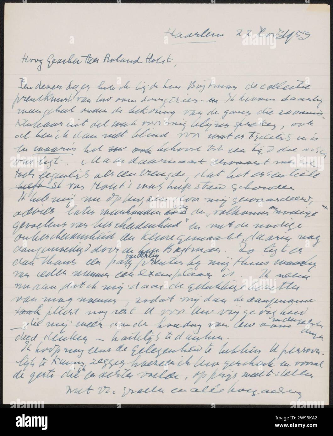 Letter to Richard Roland Holst, A. van der Boom, 1953 letter Haarlem ...