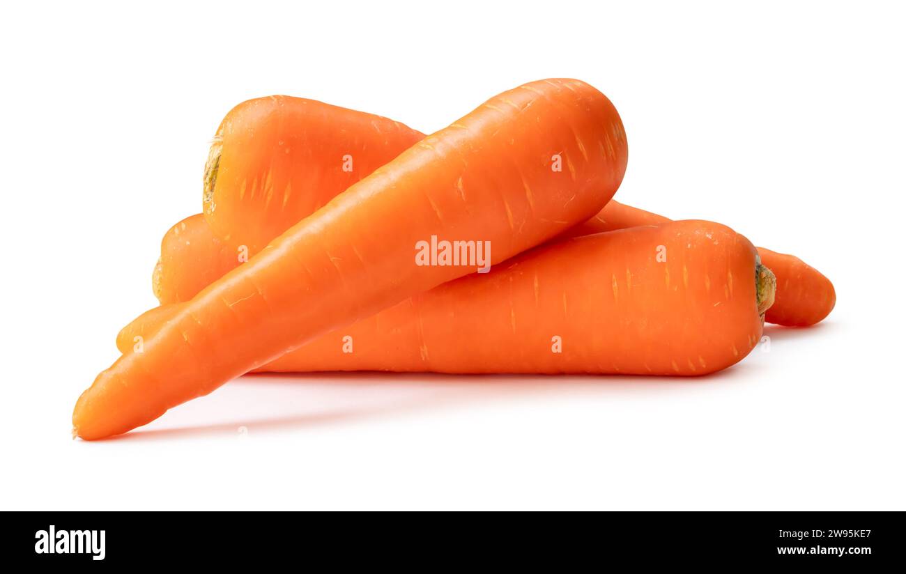 Fresh beautiful orange carrots in stack are isolated on white ...