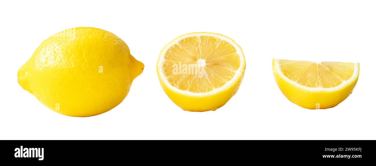 Single whole fresh beautiful yellow lemons with half slice is isolated ...