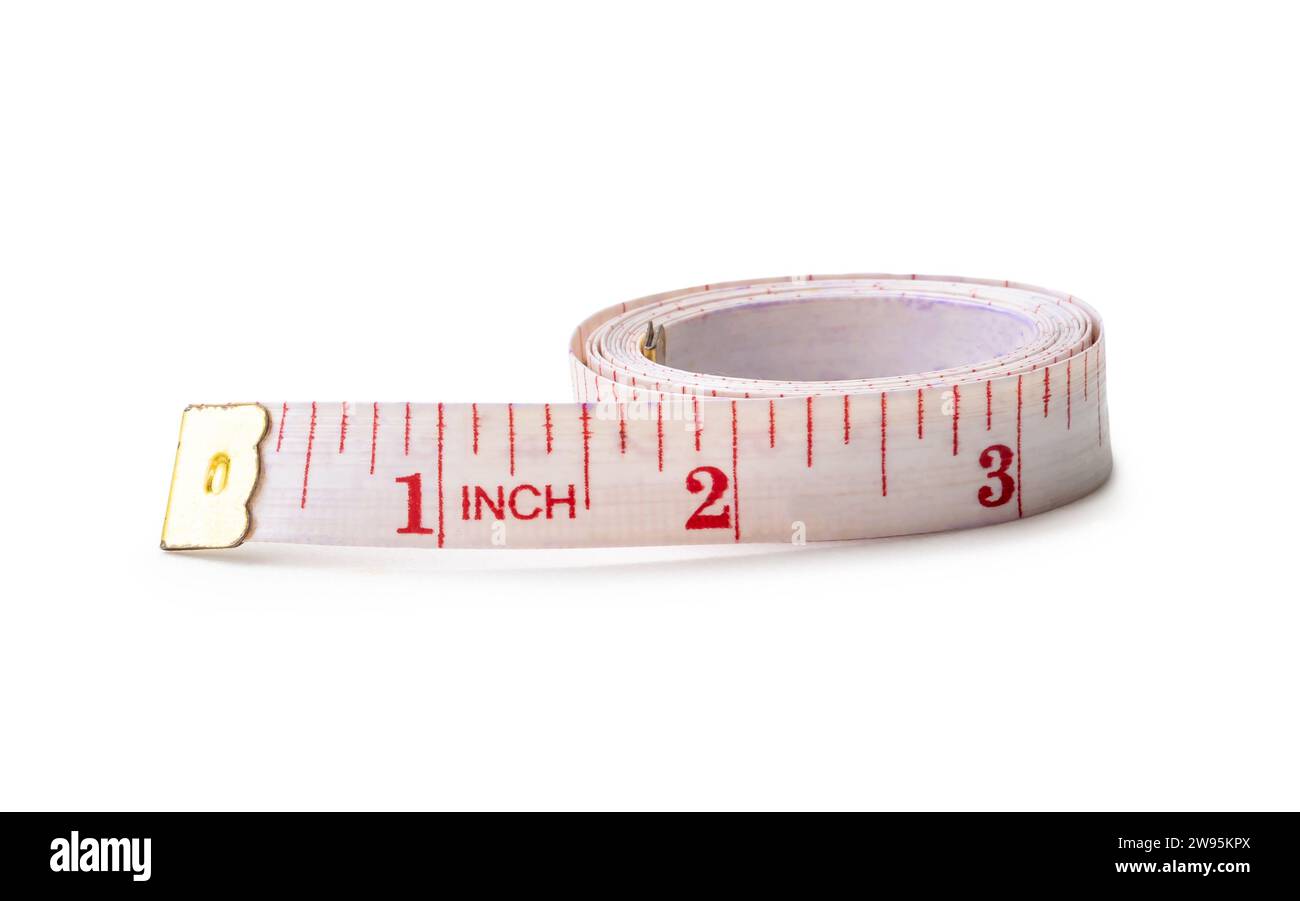 White rolling tape measure or tapeline with scale number is isolated on ...