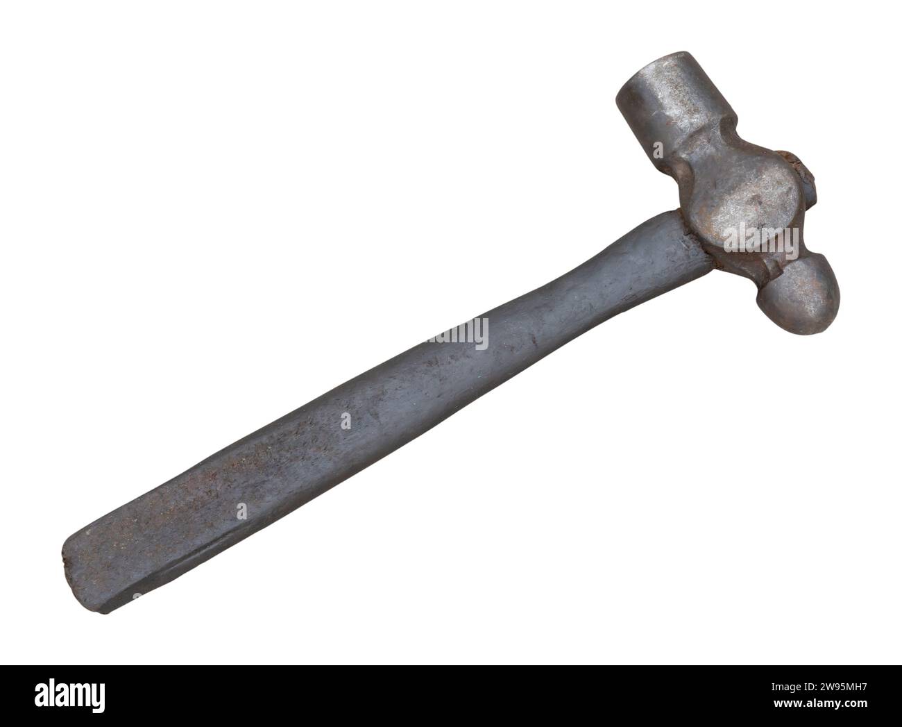 Single dirty old metal or iron hammer with dirty wooden handle is ...