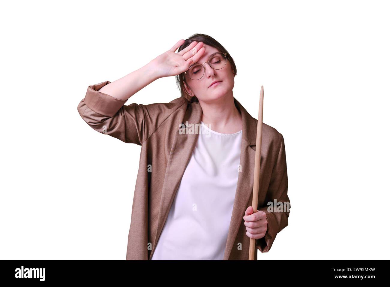 Tired woman teacher with pointer on studio isolated on a white ...