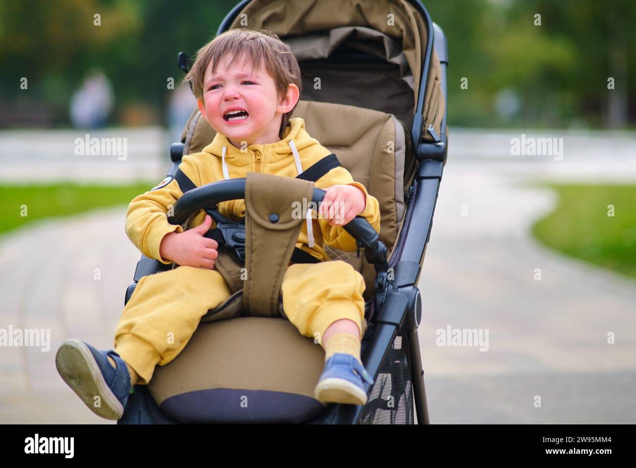 The unhappy child's face shows stress as he crying in the stroller ...