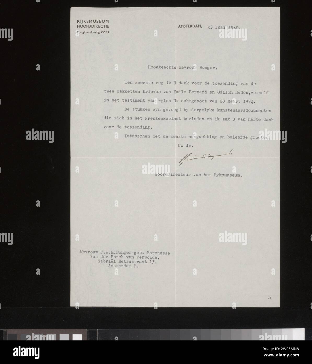 Letter to Françoise W.M. Bonger, Rijksmuseum Amsterdam, 1940 letter ...