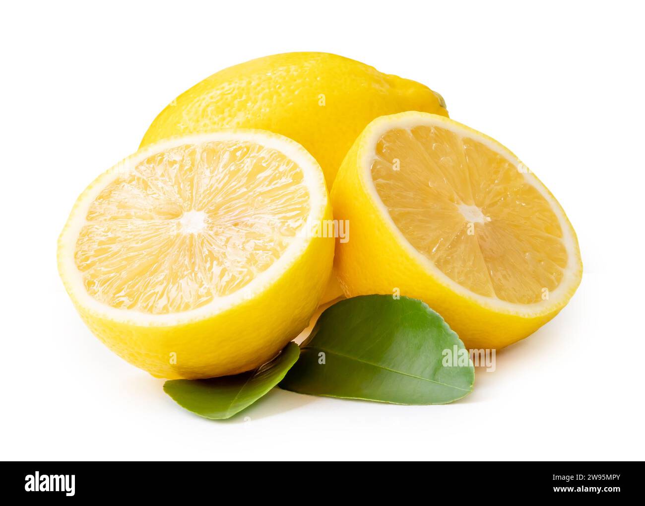 Single whole fresh beautiful yellow lemons with two halves and leaves ...