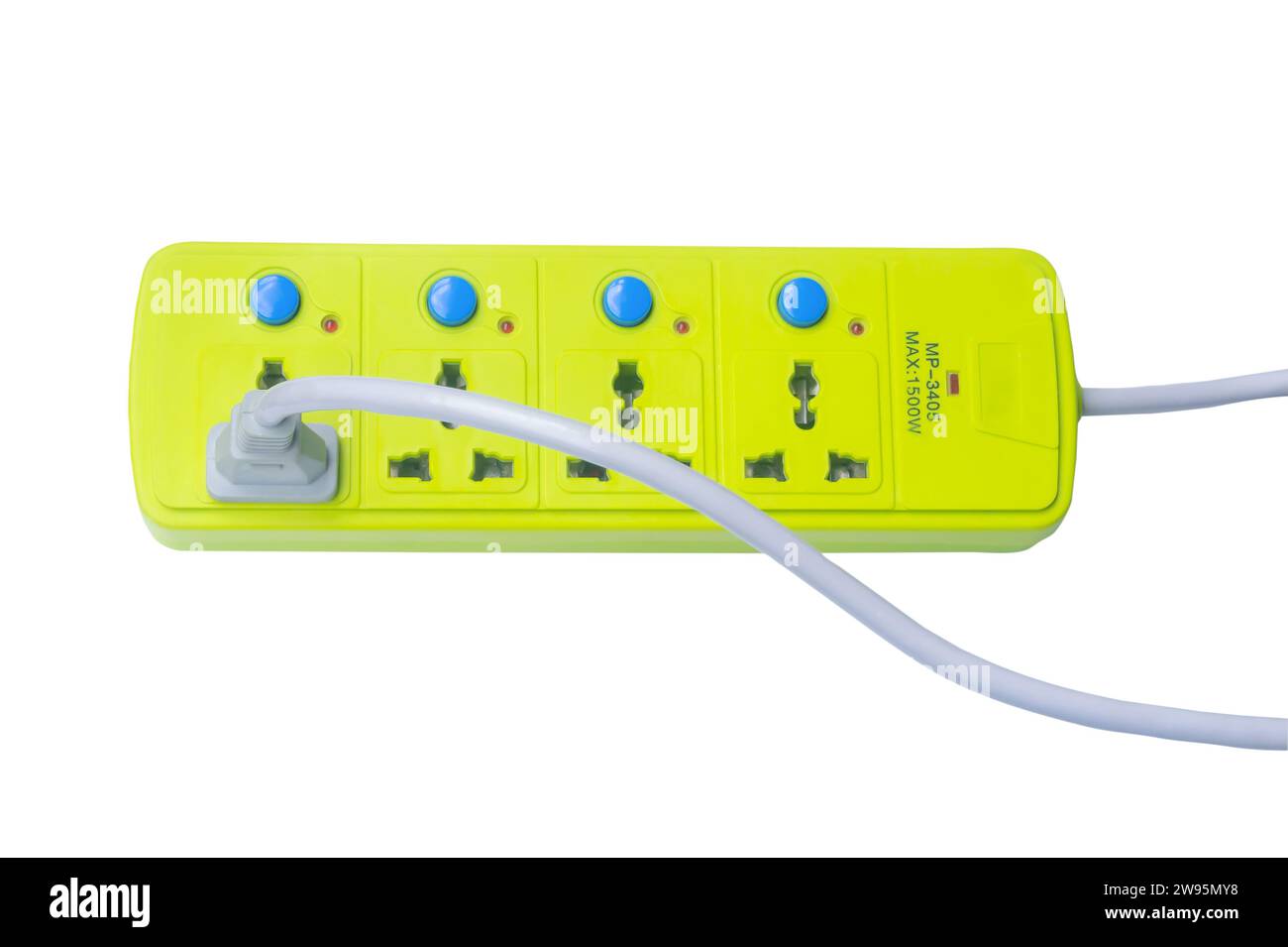 Top view of green socket and white electric power plug with line is ...