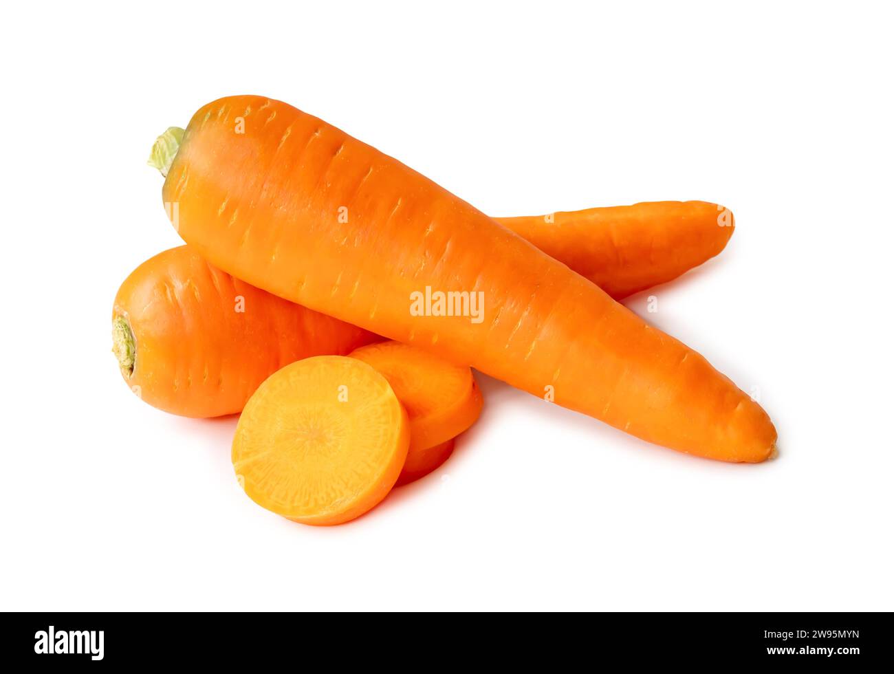 Two beautiful fresh orange carrots with slices in stack are isolated on ...