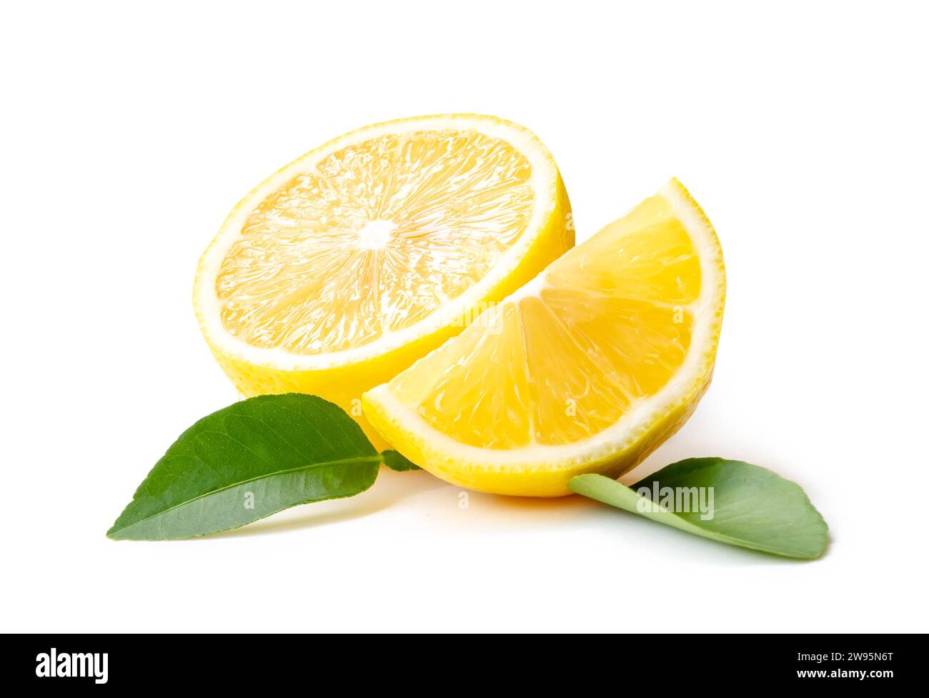 A half with slice and leaves of beautiful yellow lemon is isolated on ...