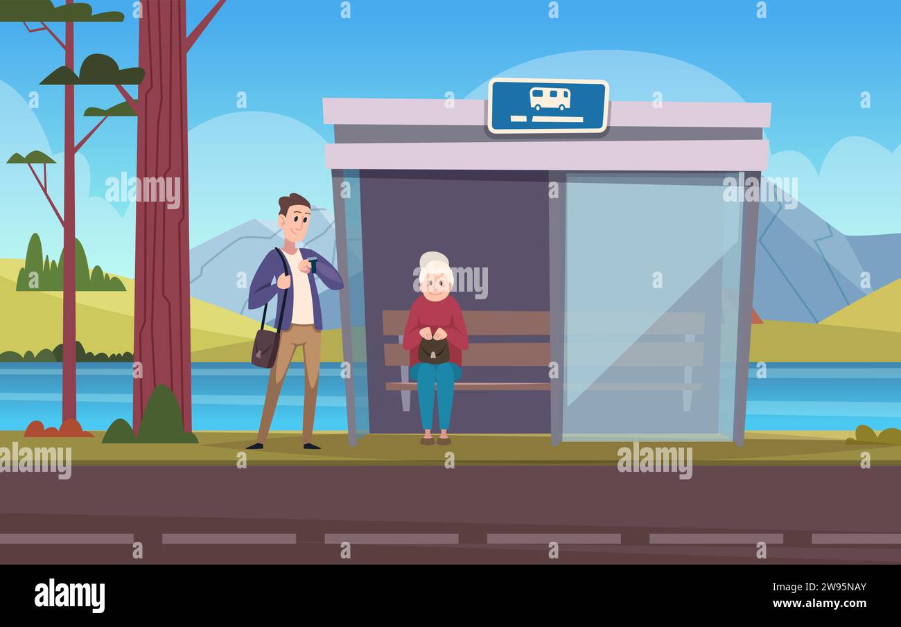 Bus station. People waiting urban transport. Vector cartoon background ...