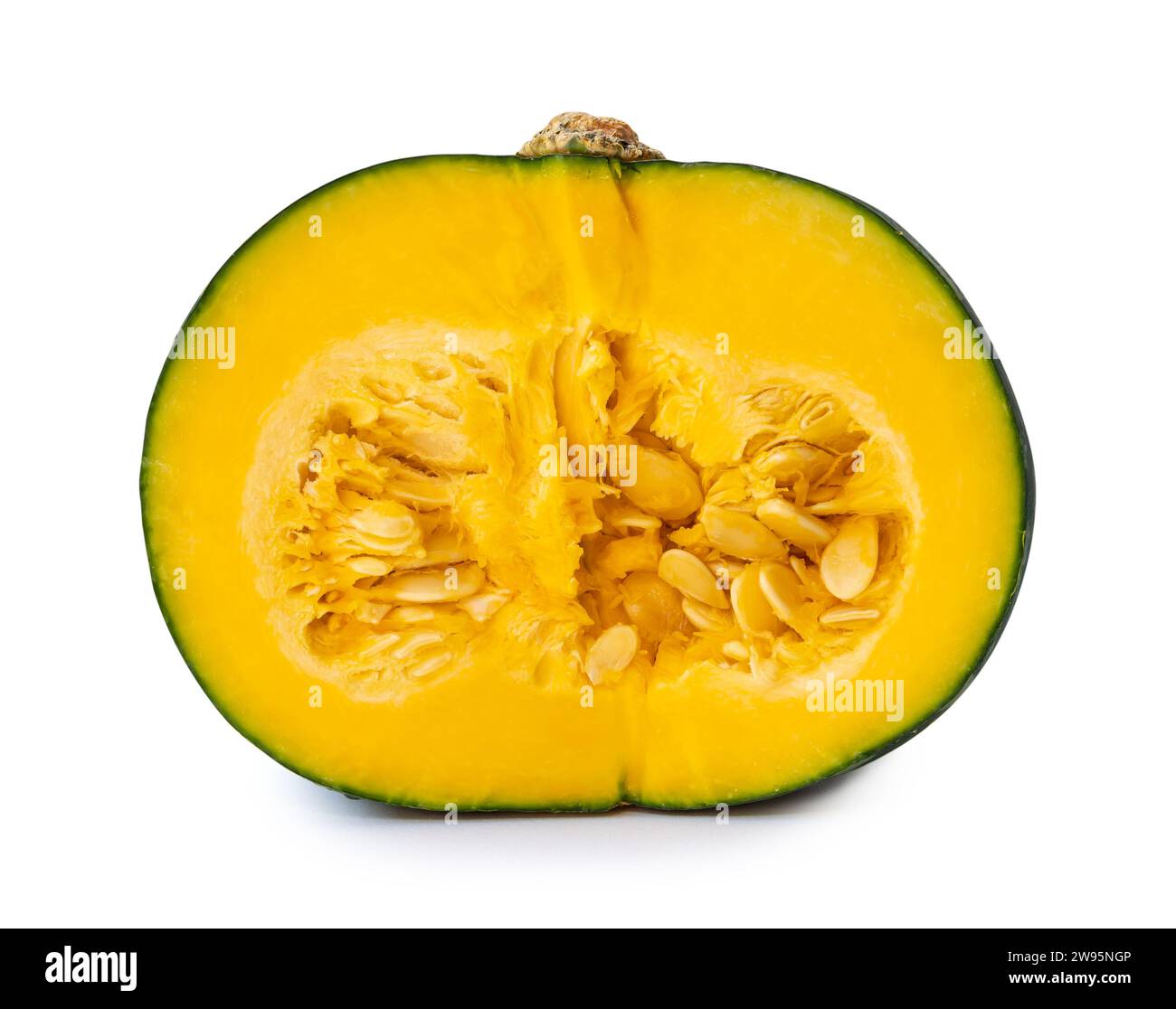 Front view photo of green japanese pumpkin half is isolated on white ...
