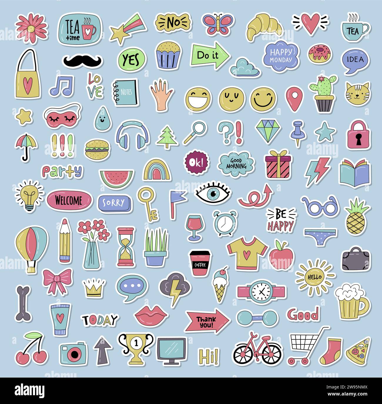 Planner stickers. Reminder colored funny sticky icons for daily routine ...