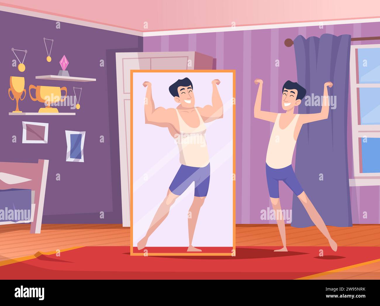 Man see in mirror. Thin man self view and seeing strong body Stock Vector Image & Art - Alamy