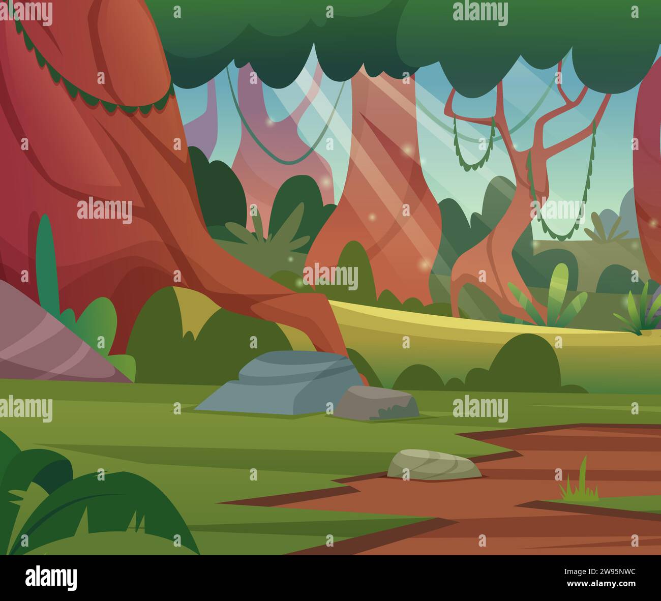 Jungle background. Cartoon outdoor forest landscape with jungle trees ...
