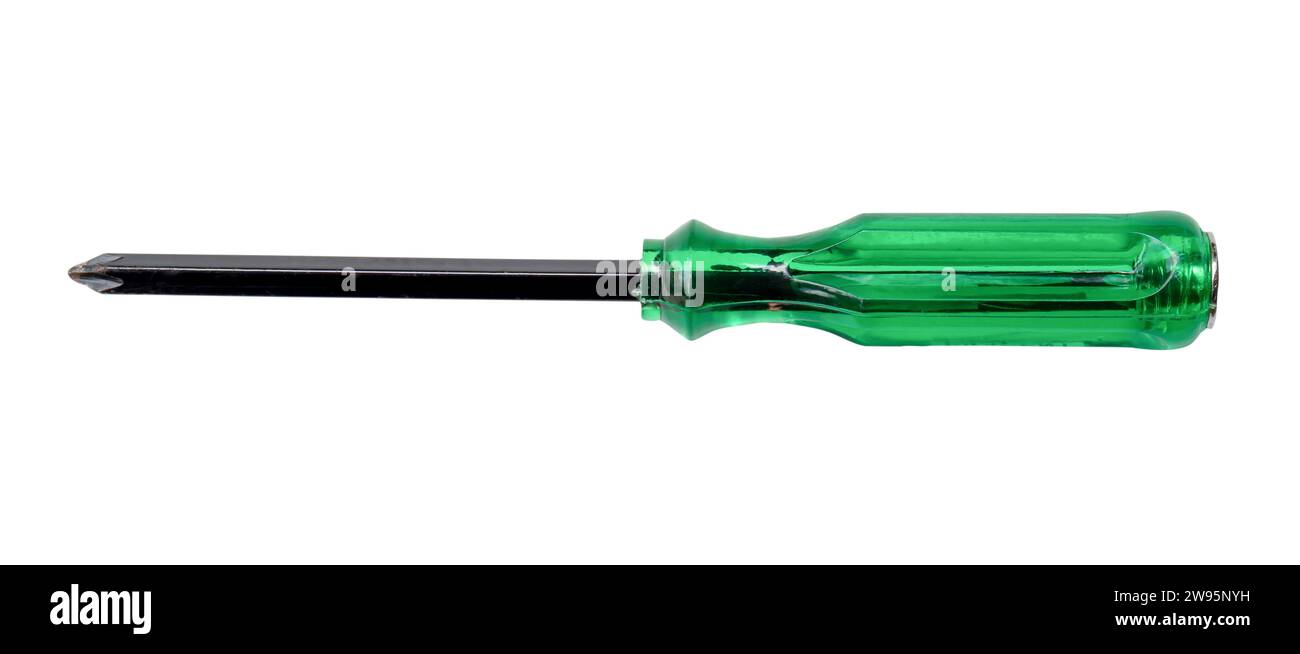 Black screwdriver with green handle is isolated on white background ...