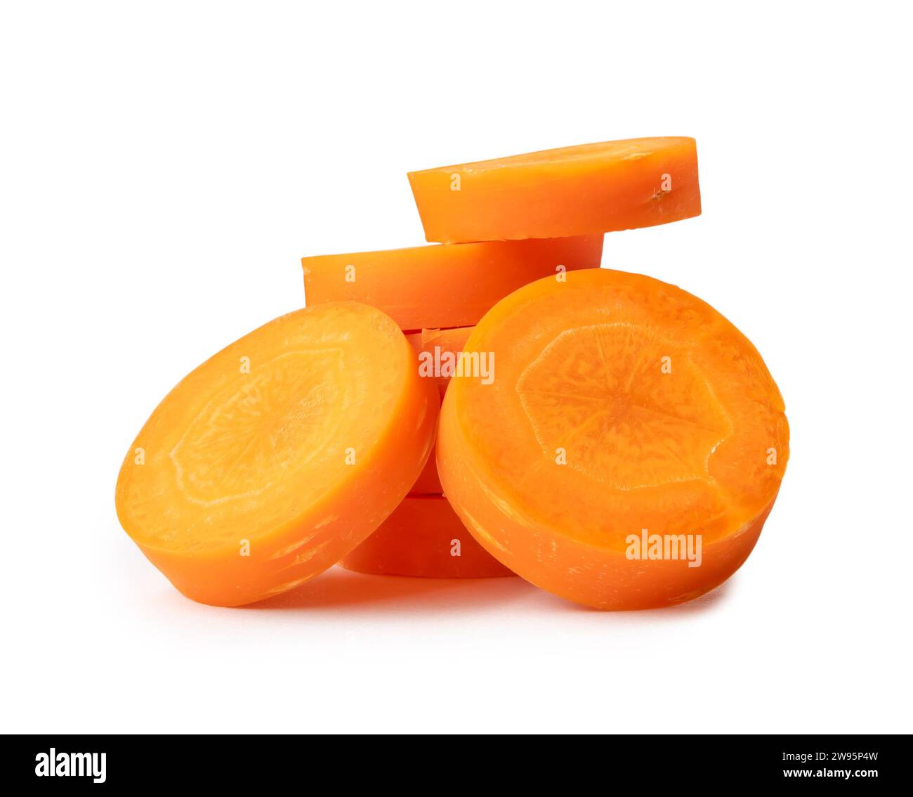 Fresh beautiful carrot slices in stack are isolated on white background ...