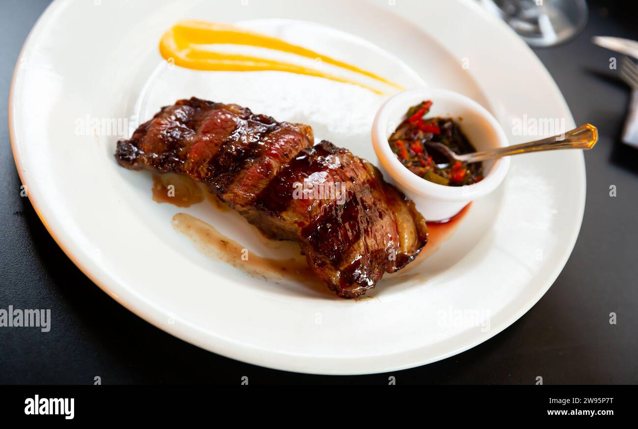 Grilled piece of Argentine beef Aberdeen Angus with salsa Stock Photo ...
