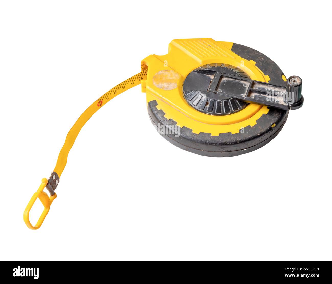 Old dirty yellow tape measure with scale is isolated on white ...