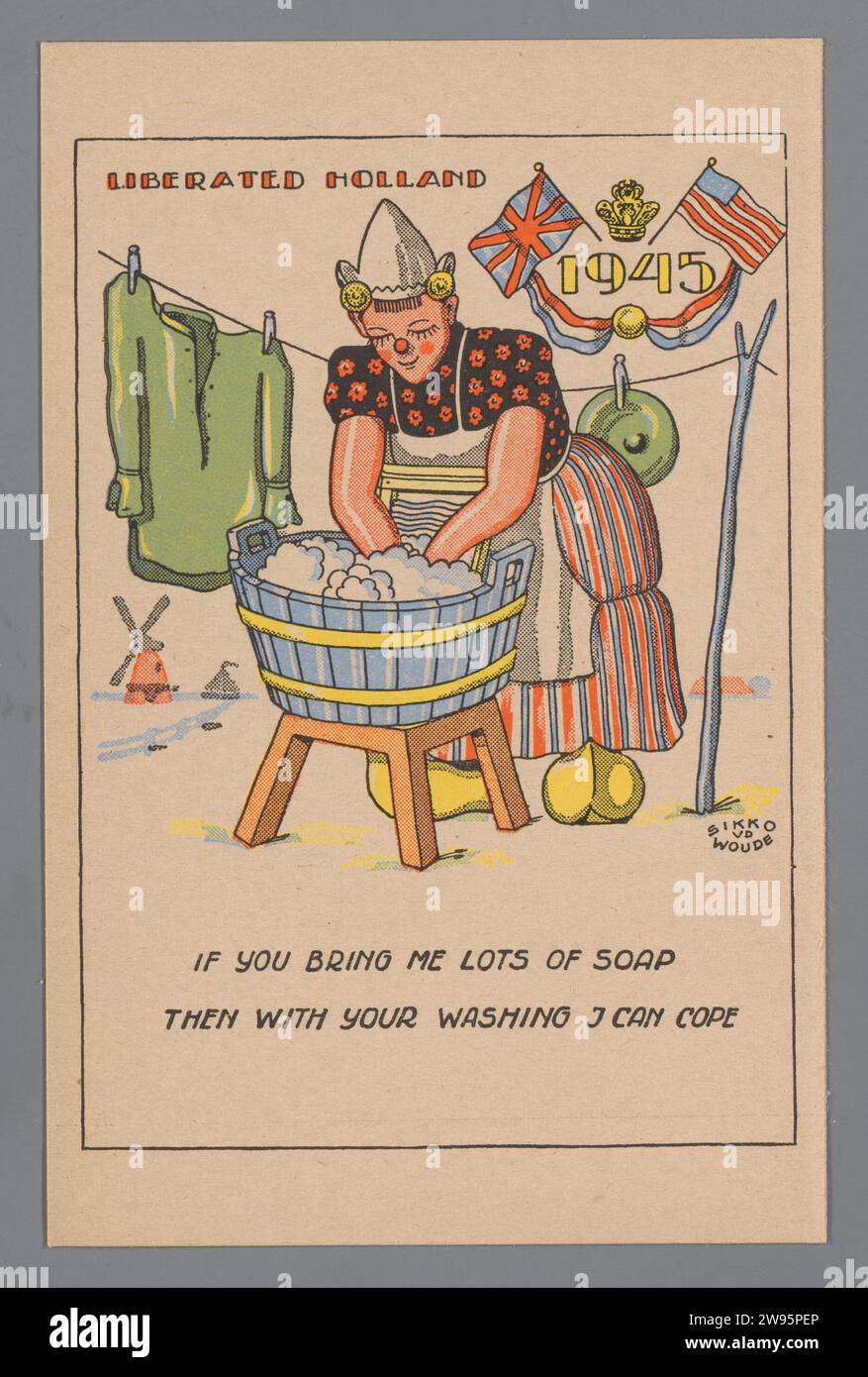Picture Post Card, Sikko van der Woude, 1945 One of eight 'funny' postcards, drawings in color ...