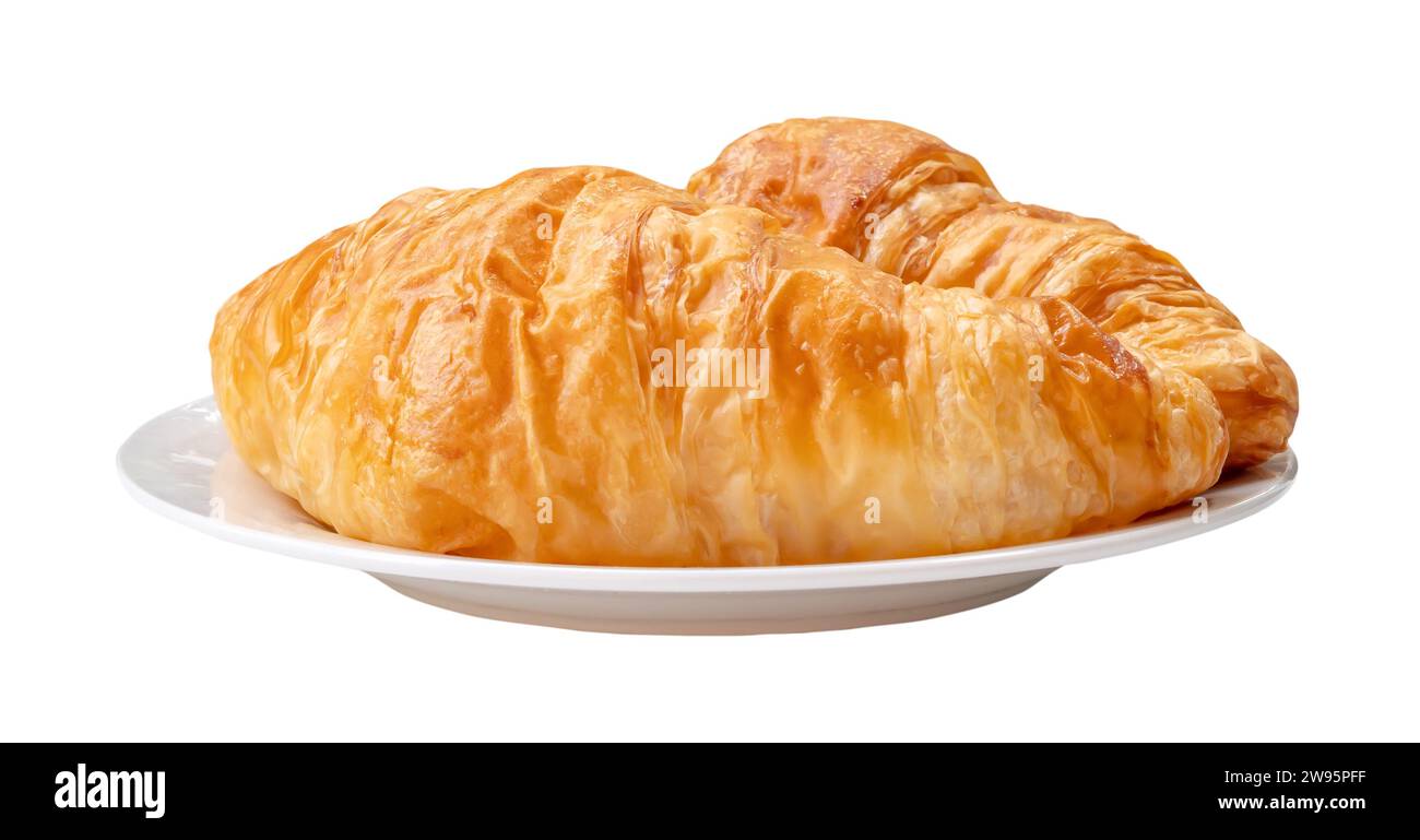 Two pieces of croissant in stack in white plate are isolated on white ...