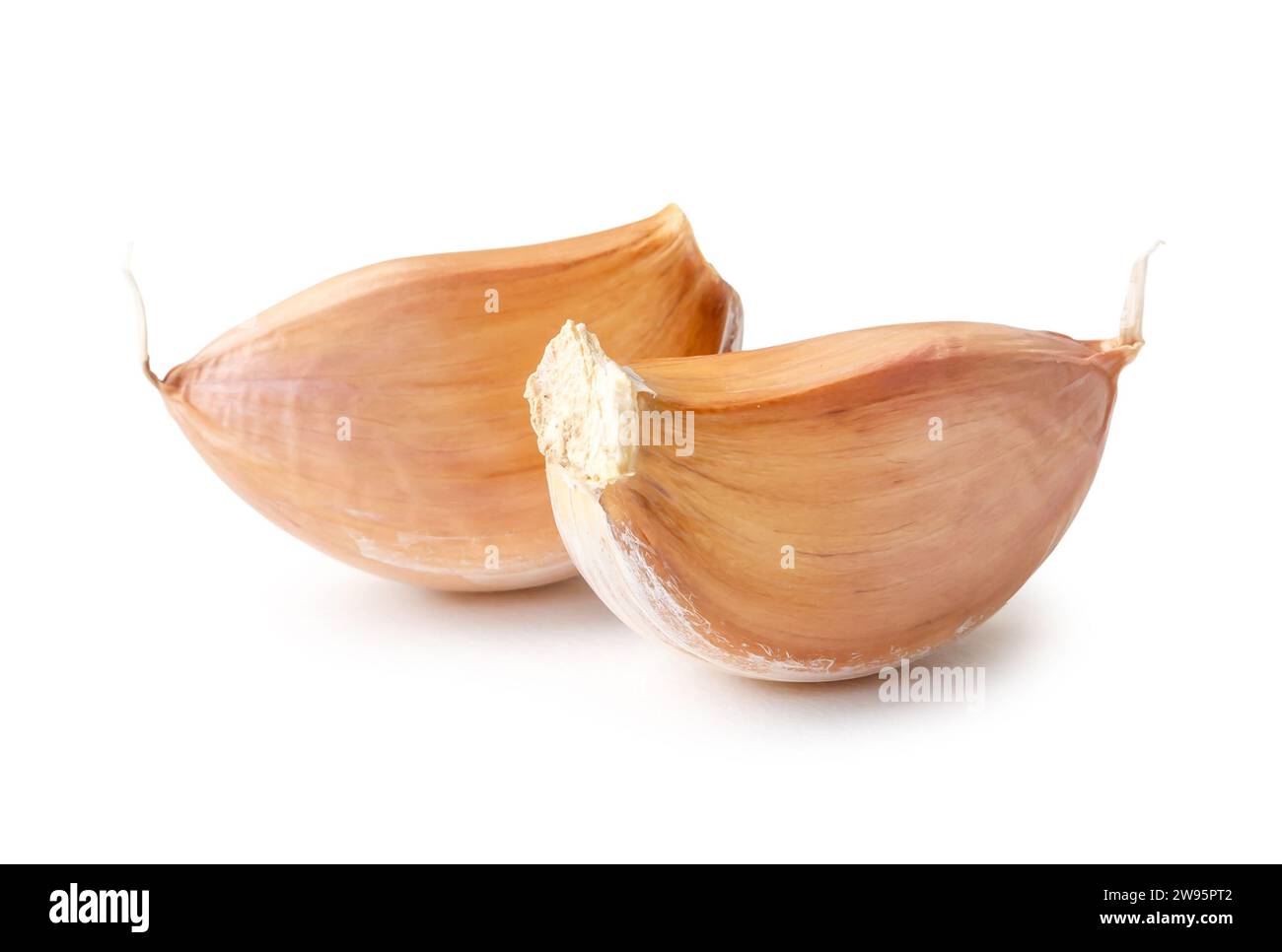 Two fresh unpeeled garlic cloves in stack are isolated on white ...