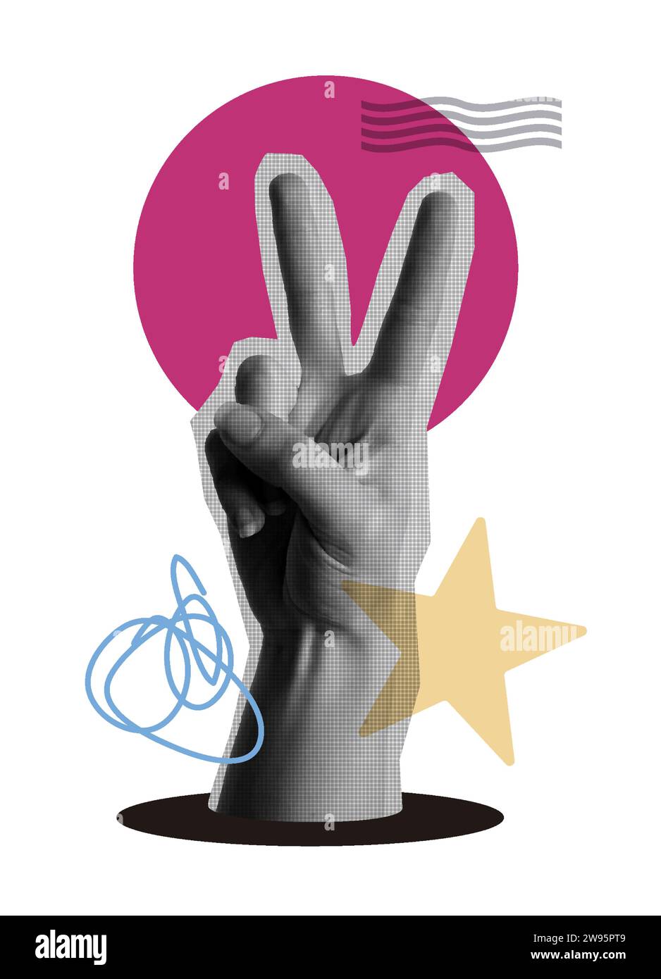Hand showing victory sign in retro collage style. Two fingers in V for ...