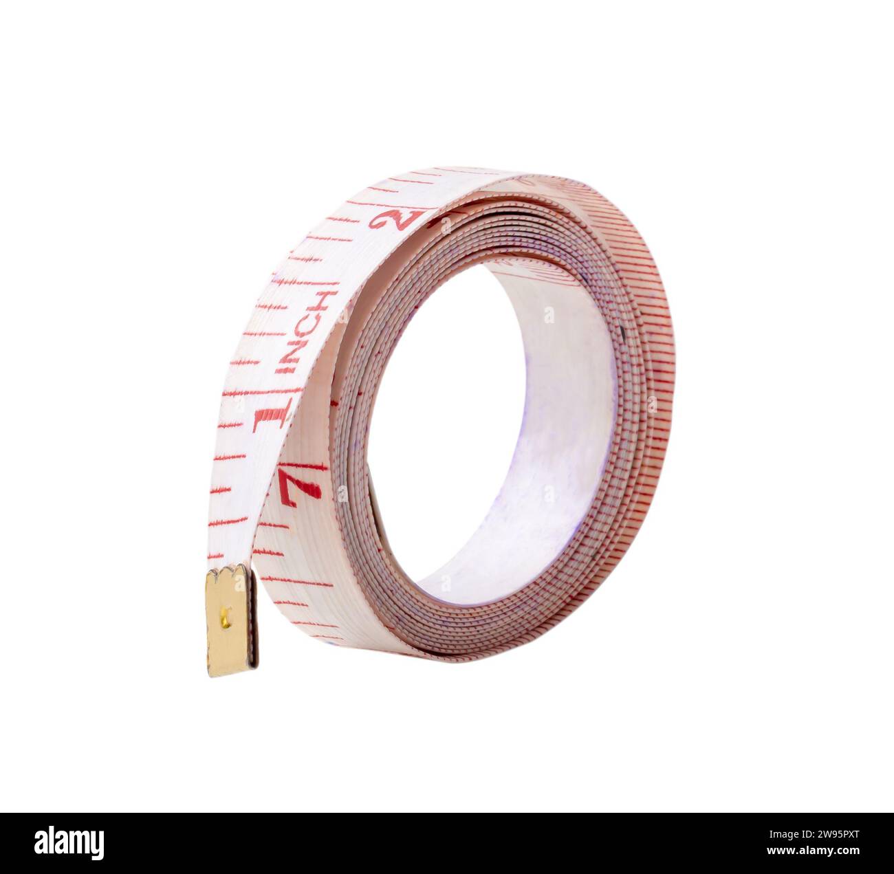 White rolling tape measure or tapeline with scale number is isolated on ...