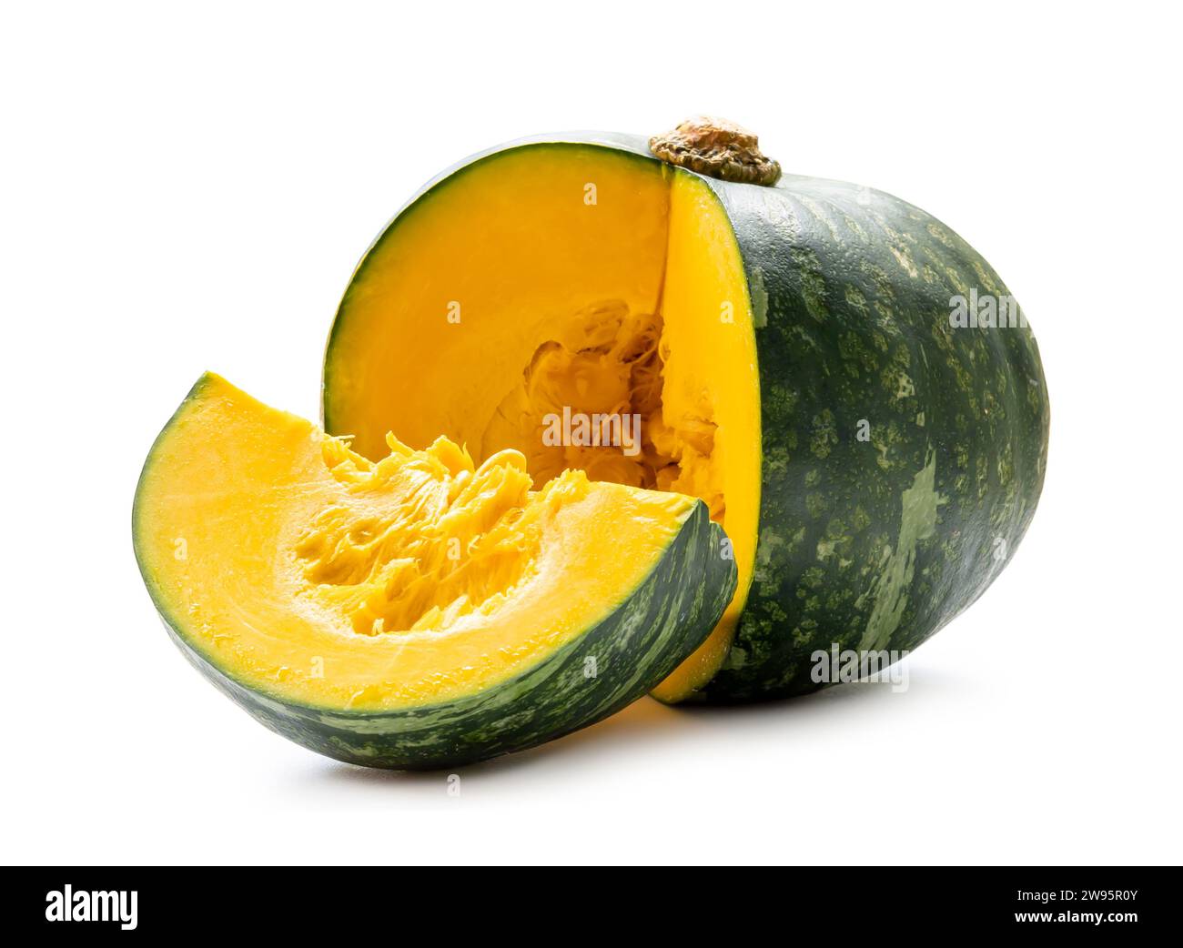 Fresh kabocha or green japanese pumpkin with slice is isolated on white ...