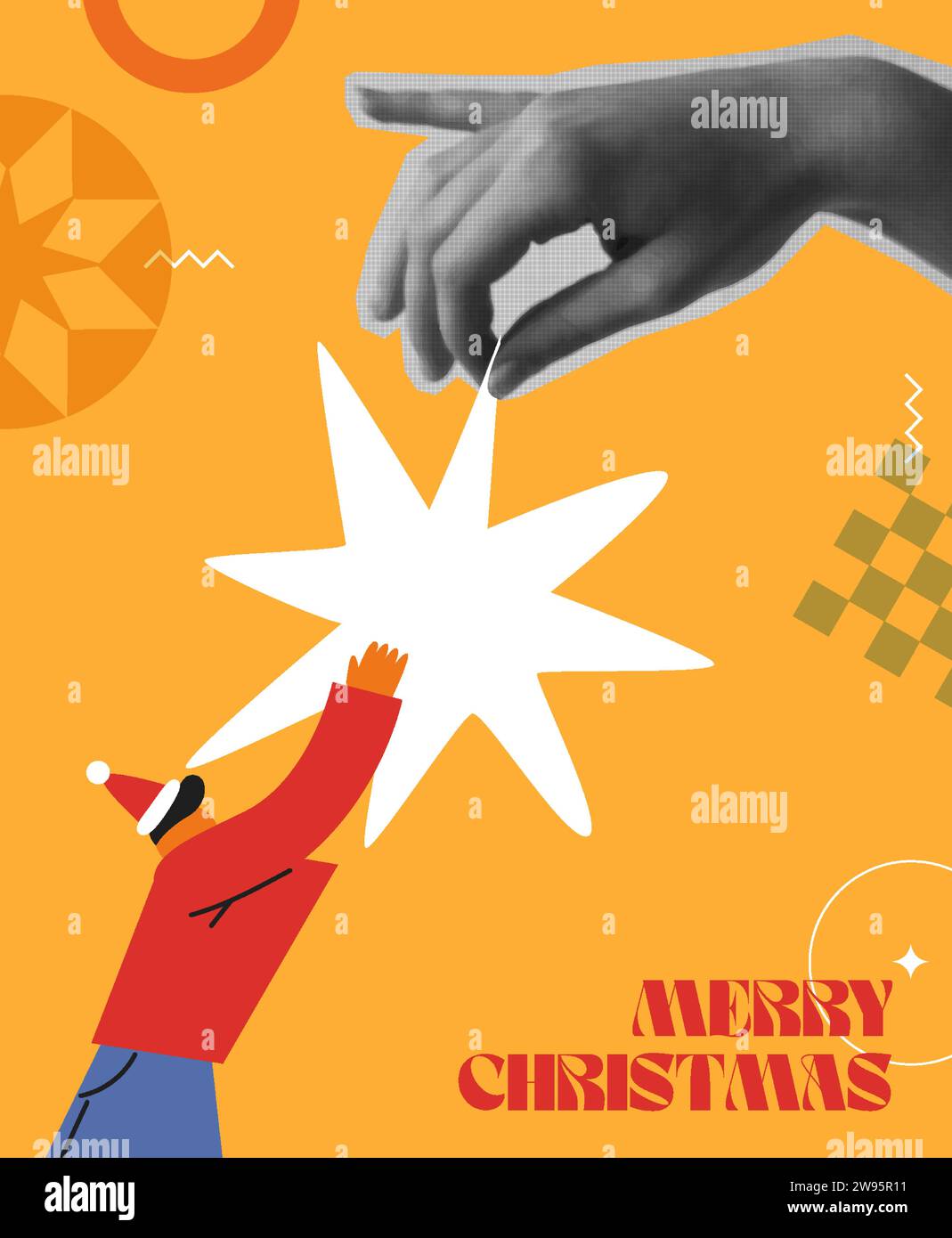 Christmas greeting card vector illustration. Human hand and cartoon ...