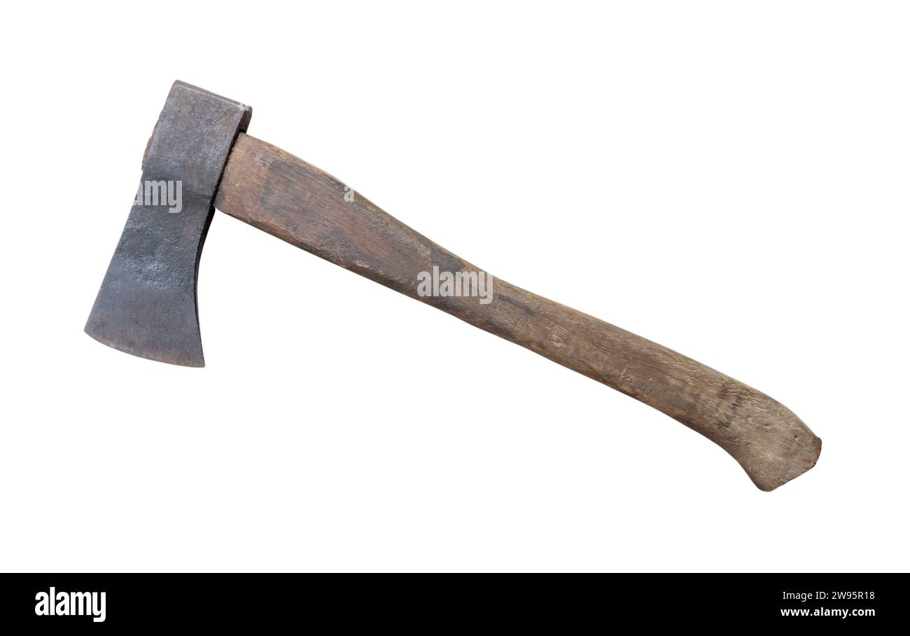 Old rust dirty dark gray axe with brown wooden handle is isolated on ...
